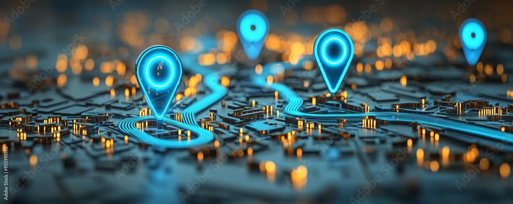 Abstract digital map with blue luminescent location markers and a ...