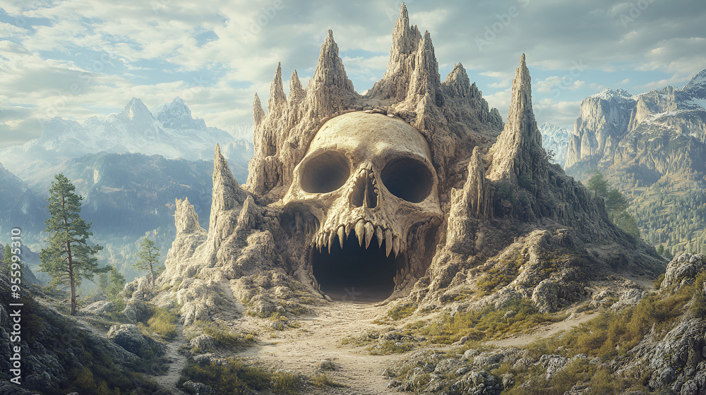 Horror mountain with skull shaped entrance Cave in shape of a creepy ...