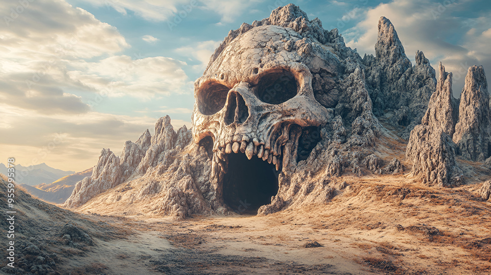 Horror mountain with skull shaped entrance Cave in shape of a creepy ...