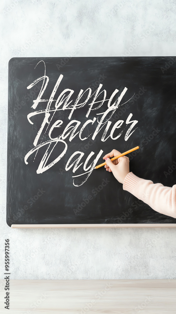Hand writing 'Happy Teacher Day' with white chalk on a blackboard ...