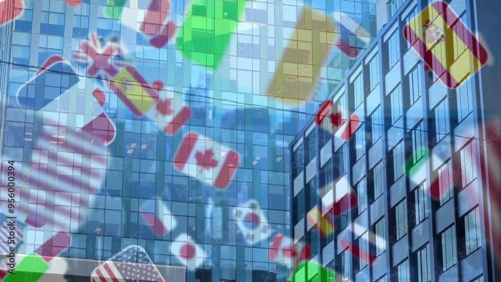 Flags of various countries animation over modern glass office buildings ...