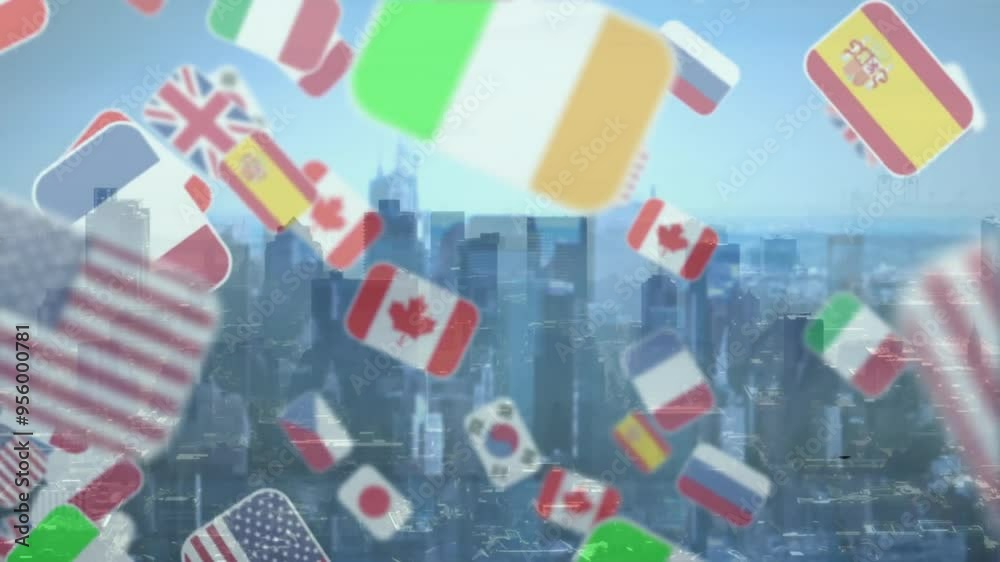 Flags of various countries animation over city skyline Stock Video ...