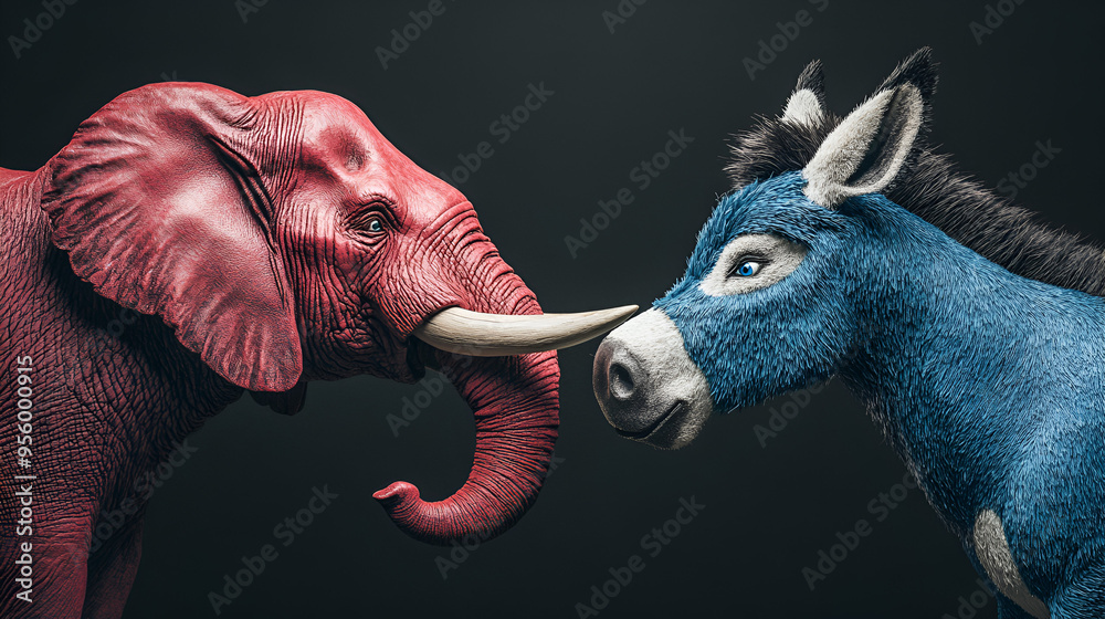 Partisan Divide Red Elephant and Blue Donkey Lock Horns Symbolizing ... Partisan Divide Red Elephant and Blue Donkey Lock Horns Symbolizing ...