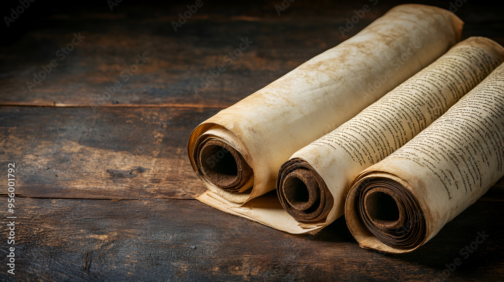 Opened unrolled scroll on a wood surface The Torah also known as the ...