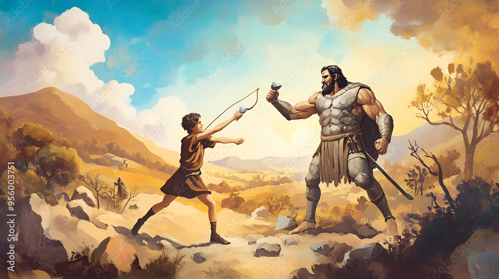 ภาพประกอบสต็อก Oil Painting illustration of David and Goliath. Bible story of young Shepherd boy ...