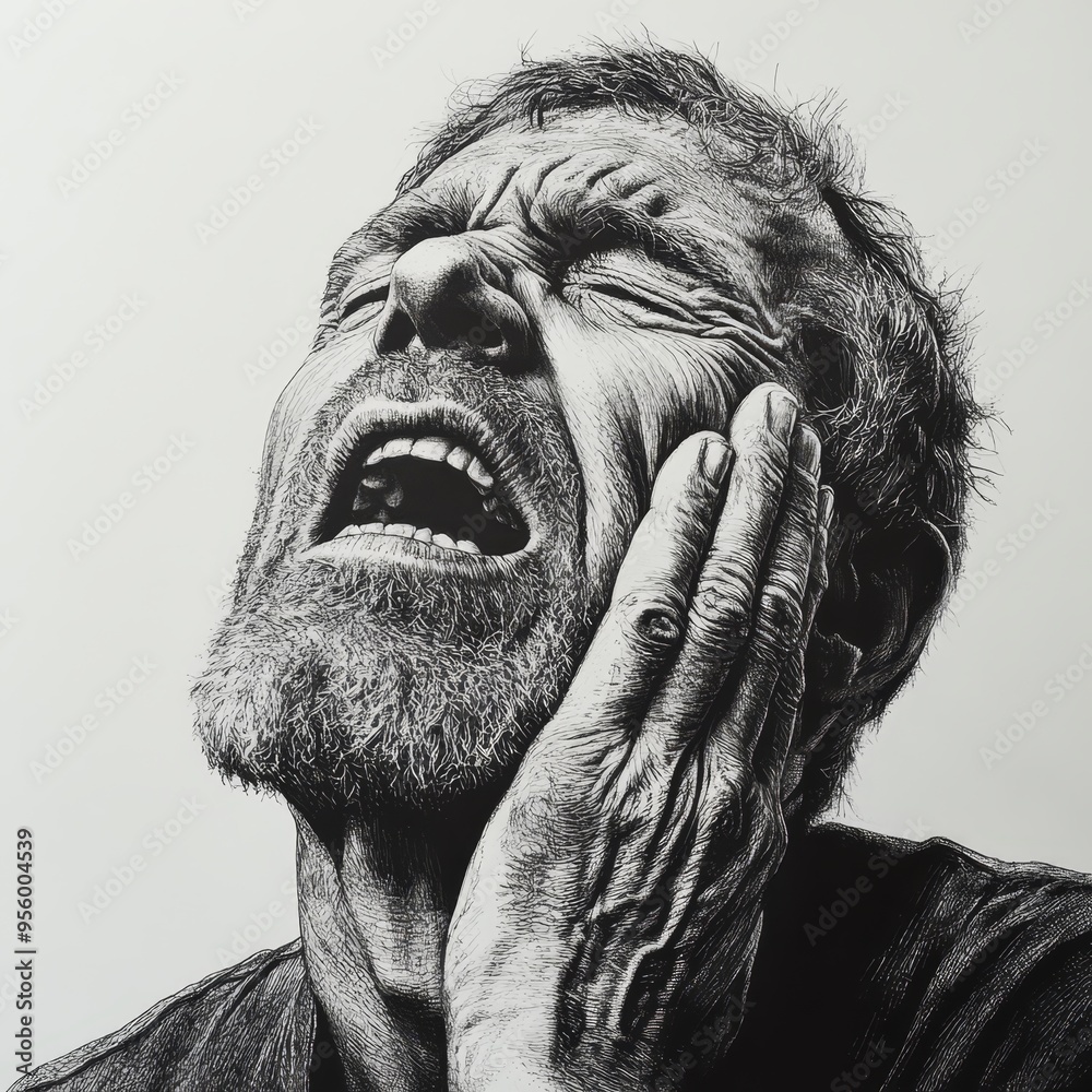 A man in distress, his face contorted in agony as he clutches his cheek ...