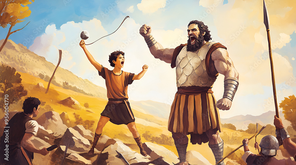 David and Goliath Bible story of young Shepherd boy defeating a giant ...
