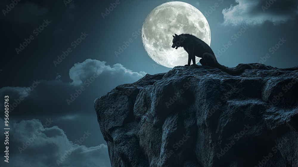 Nightmare Summit. Horror Werewolf Silhouette on Moonlit Stone Cliff ...