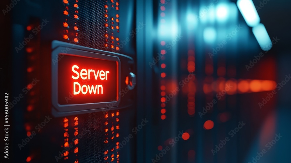 A server rack in a modern data center with a red alert light displaying ...