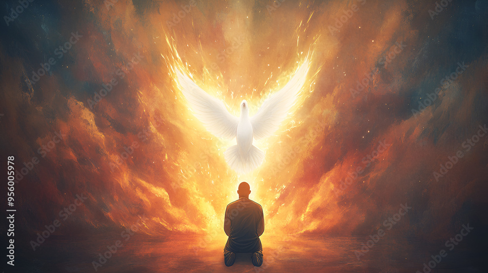 Pentecost concept art. Glowing white dove of the holy spirit descending ...