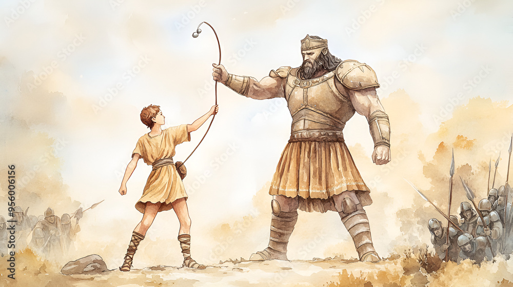 Watercolor illustration David and Goliath Bible story of young Shepherd ...