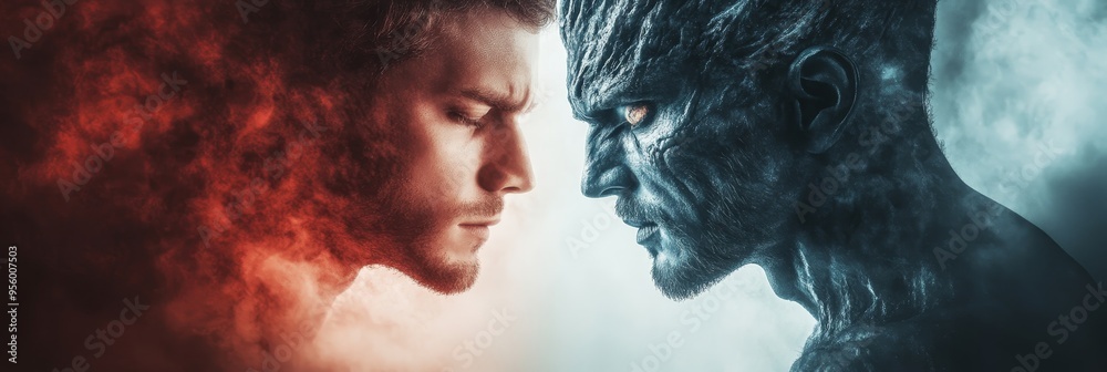 An angel and a devil, both as smoke, stand on opposite sides of a man ...