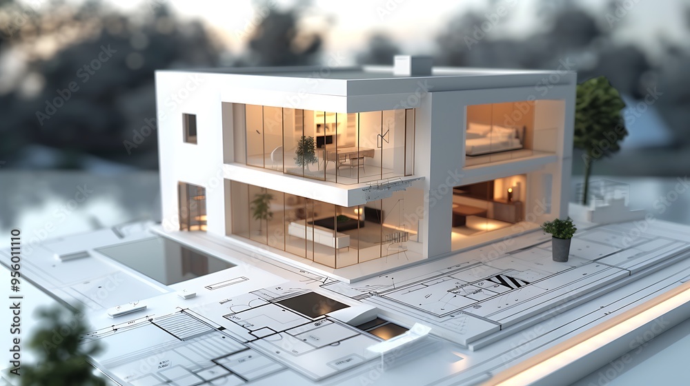architecture of a 3D model house project with blueprint, detailed ...