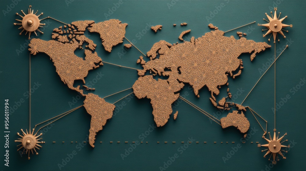 A detailed world map with highlighted trade routes and major shipping ...