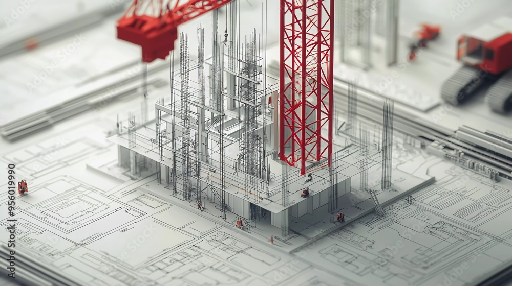 Digital construction site sketch. Building 3D Printing, Building Information Modeling, very ...