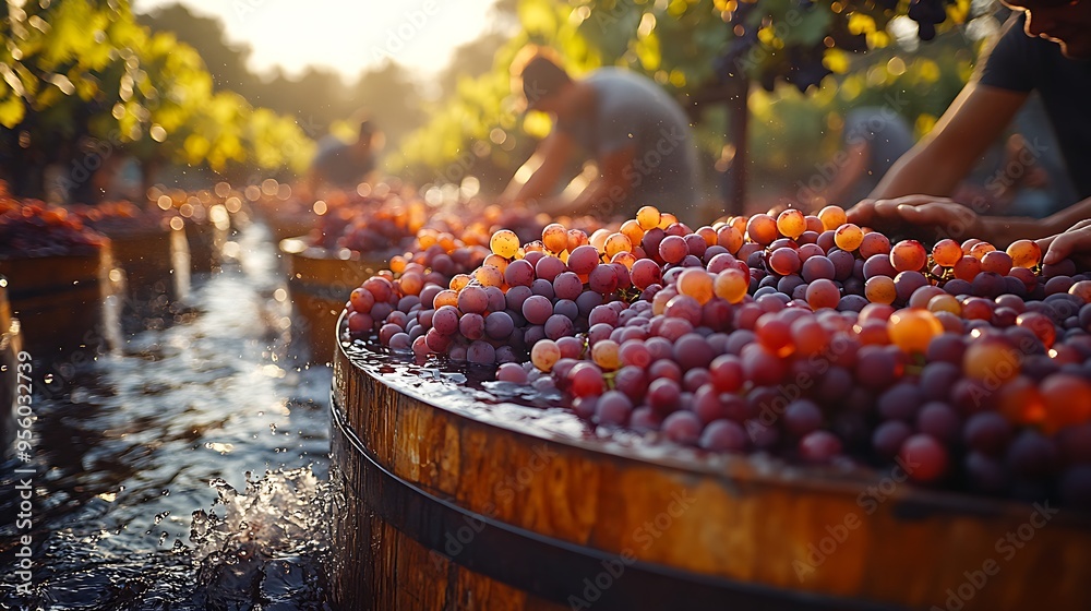 A dynamic scene of grape stomping, with several people pressing their ...