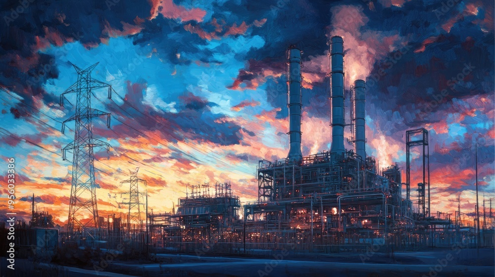 Oil painting depicting a gas turbine electrical power plant at twilight ...