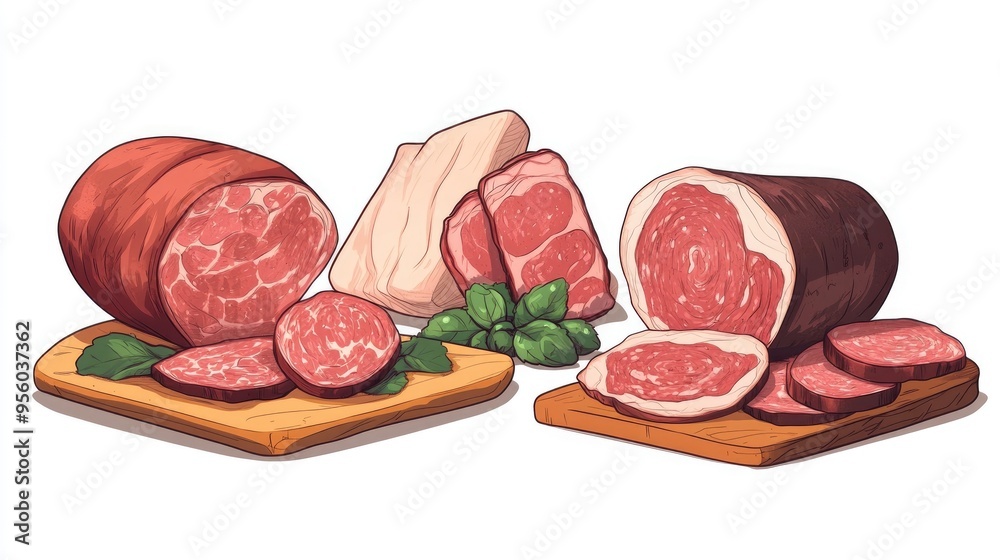 2D cartoon depiction of ham and slices Dry cured pork featuring beef ...
