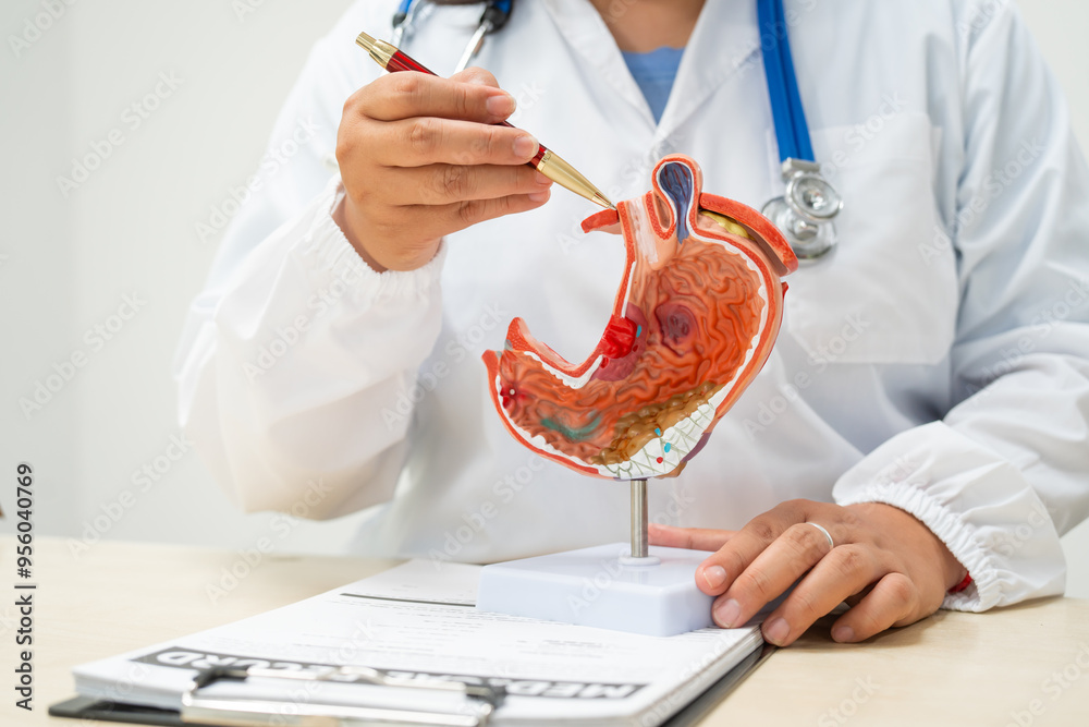A female doctor a hospital desk discussing digestive disorders such as ...