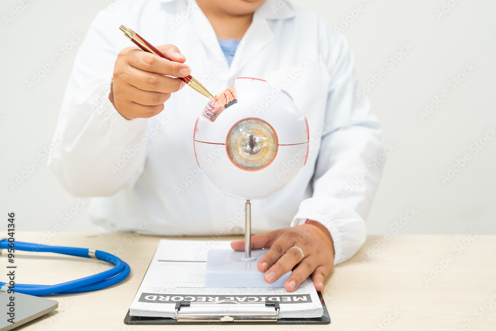 A female doctor at a desk in a hospital, discussing eye diseases such ...