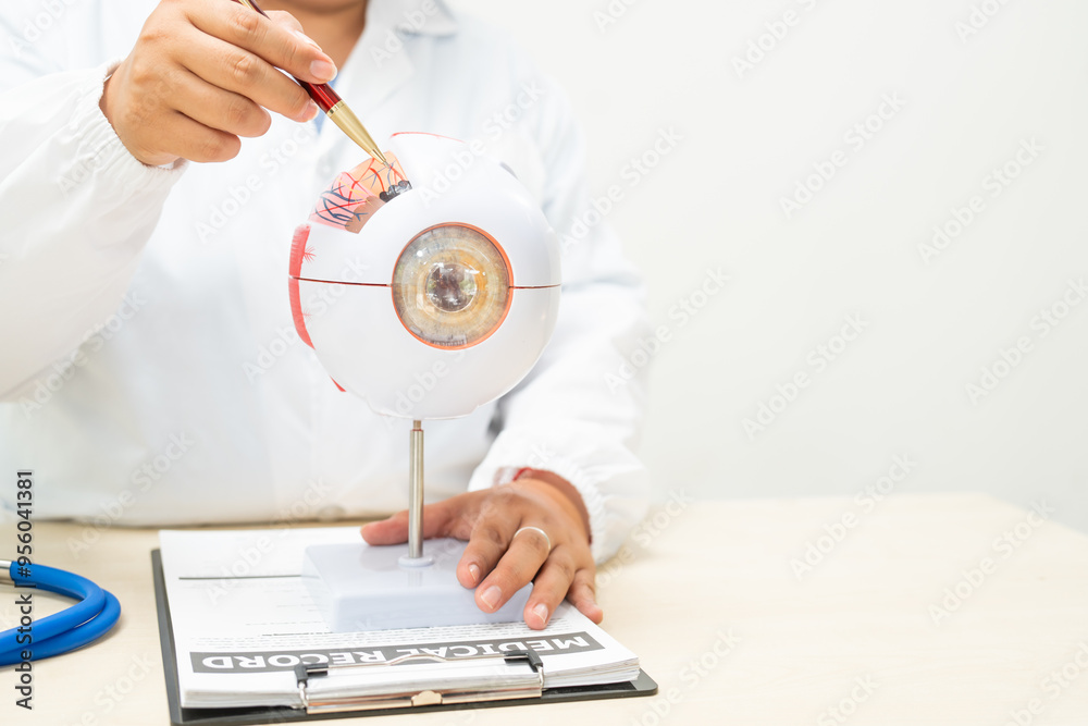 A female doctor at a desk in a hospital, discussing eye diseases such ...