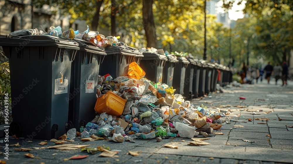 Trash spilling from bins in a crowded urban park, photorealistic, urban ...