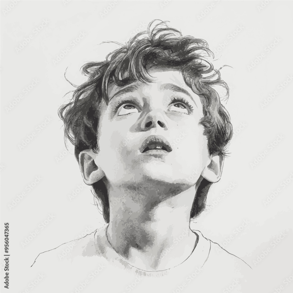 Realistic pencil sketch of a child looking up with an expression of ...