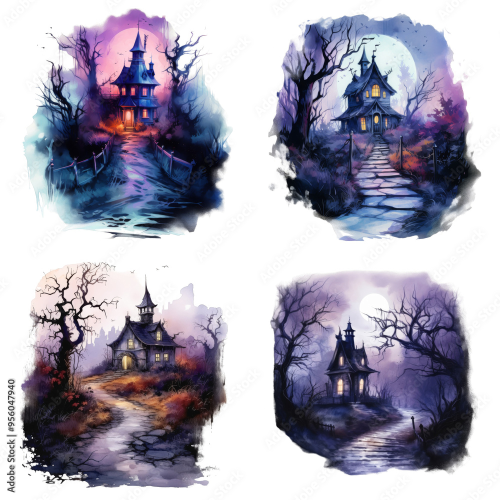 Four Watercolor Paintings of Haunted Houses in the Woods Stock ...