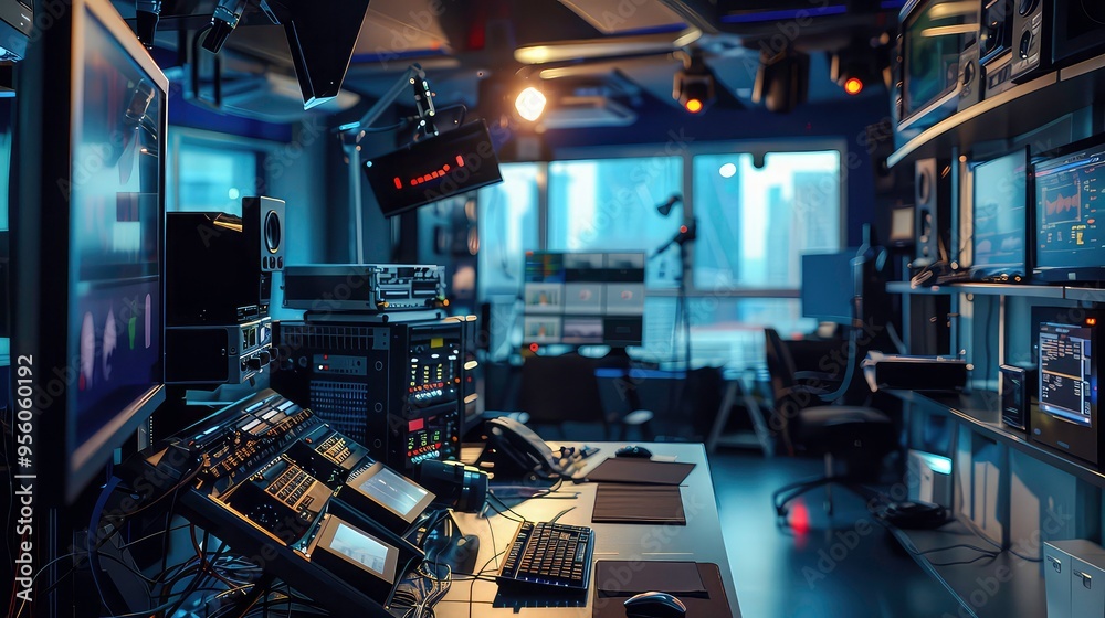 A modern media editing station with a large monitor, control panels and ...