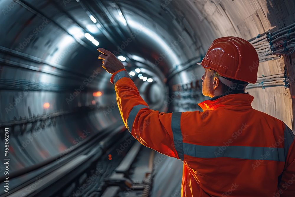 Engineer or technician controlling underground tunnel infrastructure ...