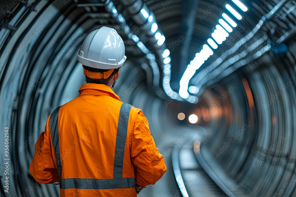 Engineer or technician controlling underground tunnel infrastructure ...