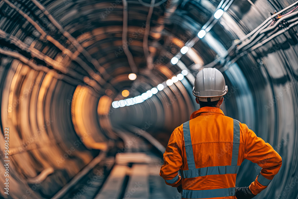 Engineer or technician controlling underground tunnel infrastructure ...