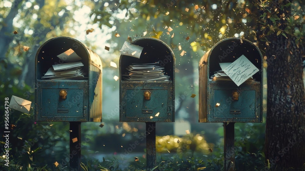 4h three mailboxes in a row each with mail flying into them and neatly ...