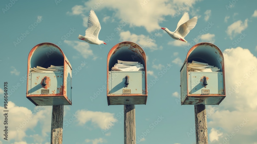 4h three mailboxes in a row each with mail flying into them and neatly ...