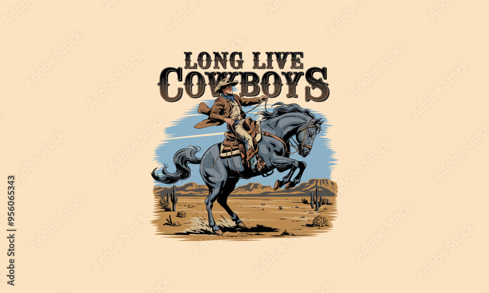 Cowboy riding a horse, jumping over obstacles in the desert. Stock ...