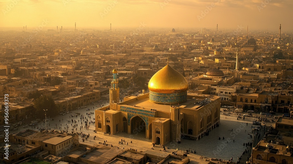 Aerial view of the city of Najaf, with the golden dome of the Imam Ali ...