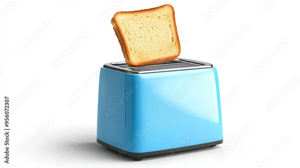 Blue toaster with toasted bread popping up, isolated on white, showing ...