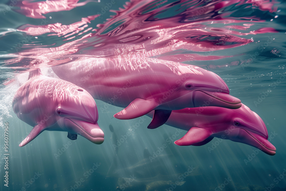 Three pink dolphins swimming underwater with sunlight streaming through ...