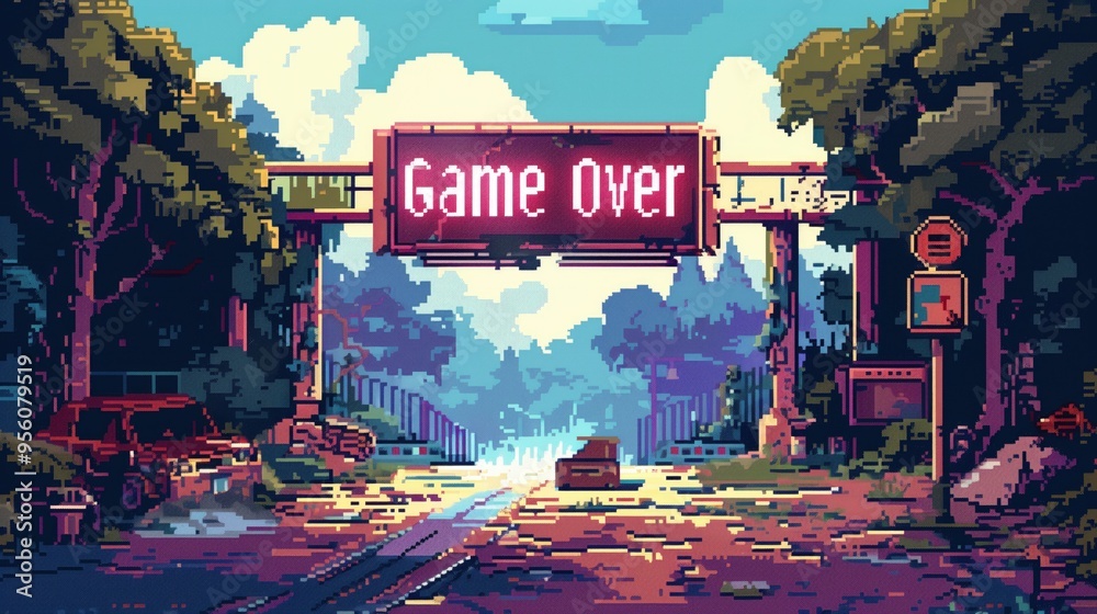 Retro pixel art scene of an abandoned road with a large "Game Over ...