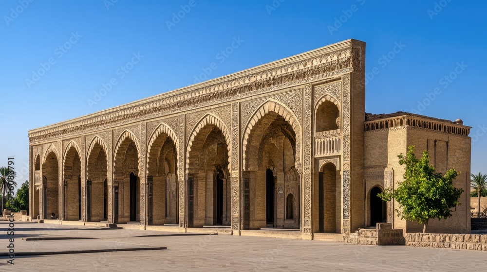 The grand arches of the Abbasid Palace in Baghdad, with intricate stone ...