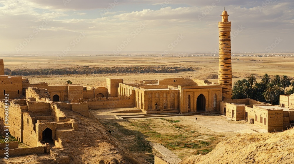 The historic Great Mosque of Samarra, with its spiral minaret towering ...