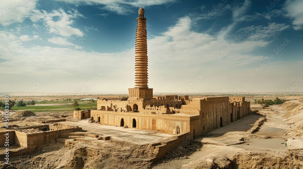 The historic Great Mosque of Samarra, with its spiral minaret towering ...