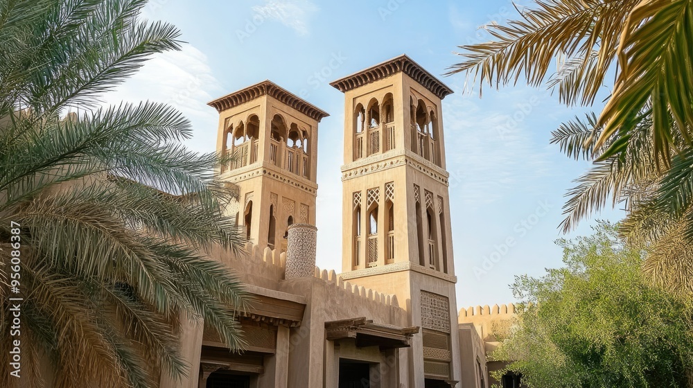 The traditional wind towers of the Al Fahidi Historical District in ...