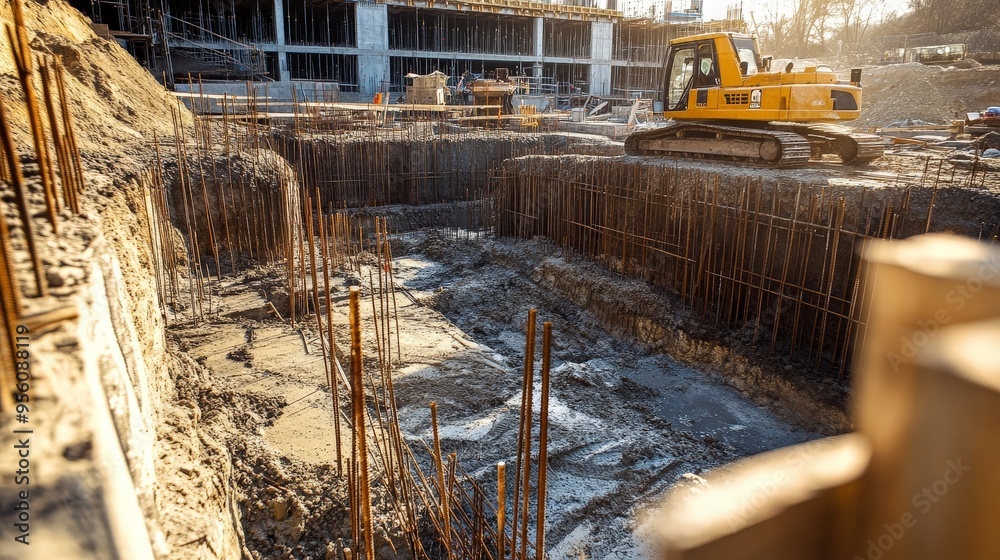 A detailed photograph of a construction site during the foundation ...