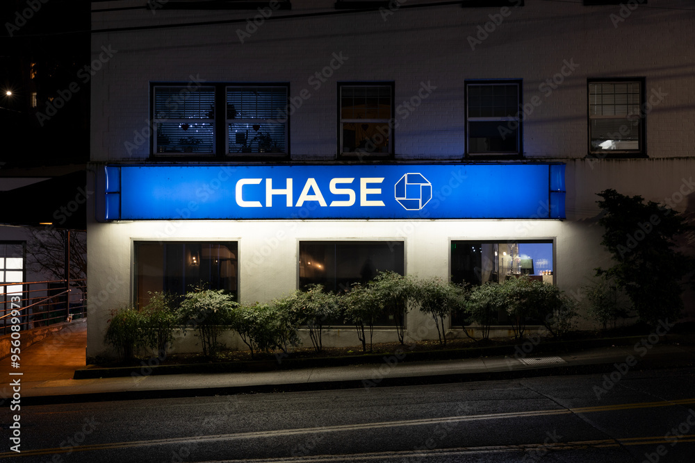 Portland, Oregon- USA -Feb 27, 2024 - JP Morgan Chase bank's big blue ...