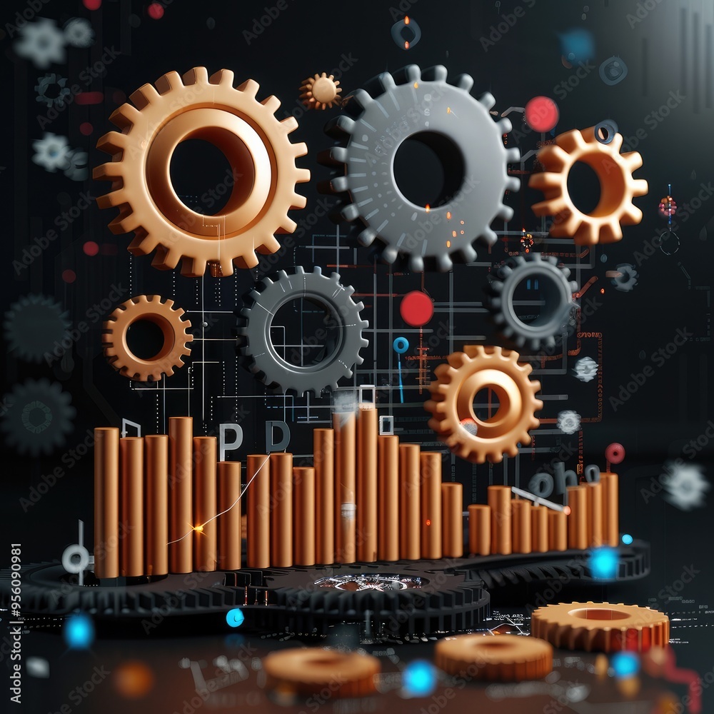3D clay style composition of gears and data chart floating in the air ...
