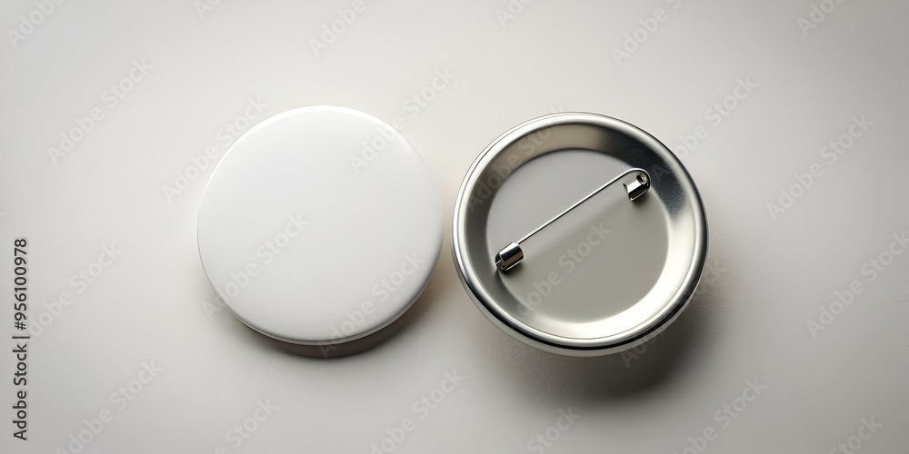 Blank white button badge mockup with pin on the back. Stock Photo ...