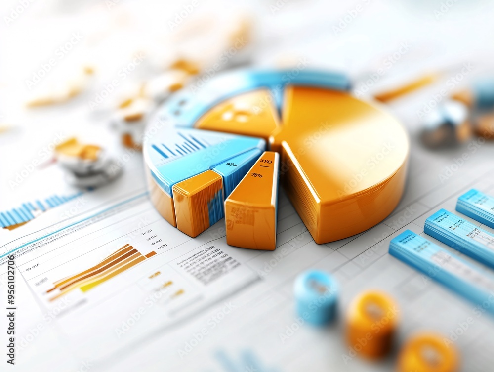 Strategic business plan with a pie chart and bar graphs, depicting ...
