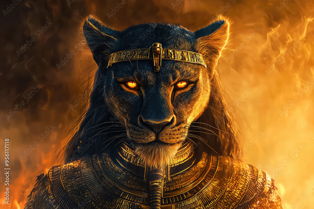 Sekhmet, the Lioness Goddess, with Fiery Eyes and a Golden Crown ...