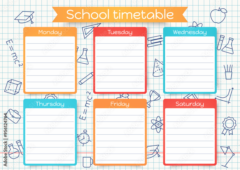 School timetable. Weekly time table with lessons. Student plan template ...